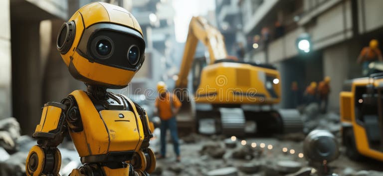 Cute Construction Robot in Urban Site with Workers and Machinery in ...