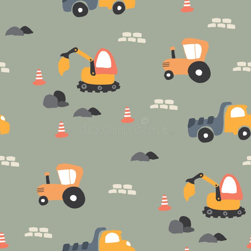 Cute Construction Site Seamless Pattern, Cartoon Building Area ...
