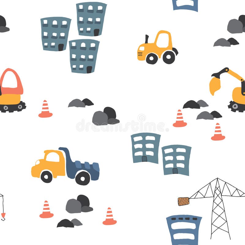 Cute Construction Site Seamless Pattern, Cartoon Building Area ...