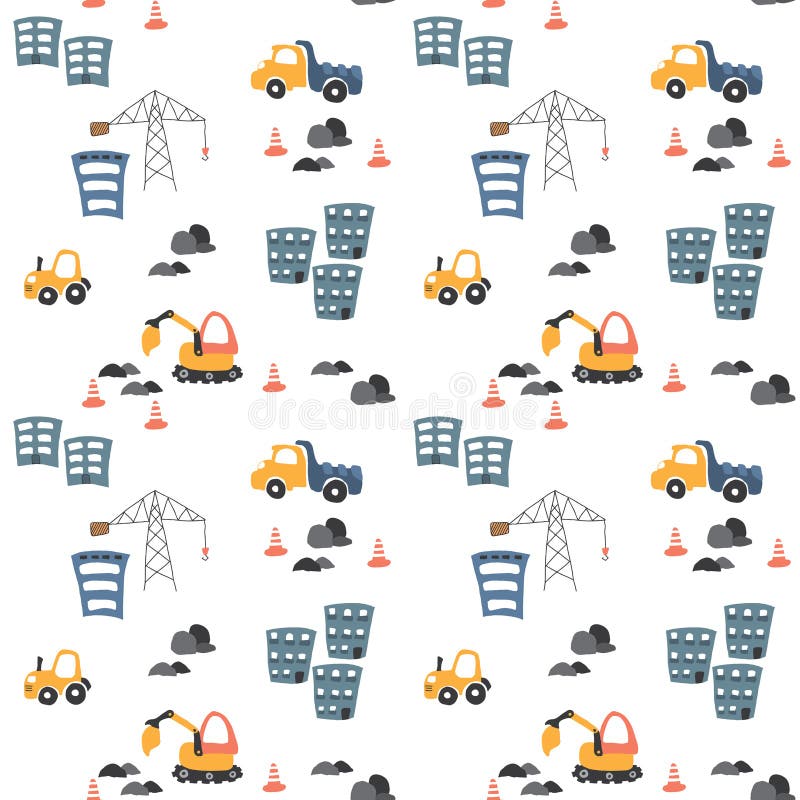 Cute Construction Site Seamless Pattern, Cartoon Building Area ...