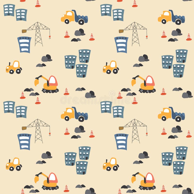 Cute Construction Site Seamless Pattern, Cartoon Building Area ...