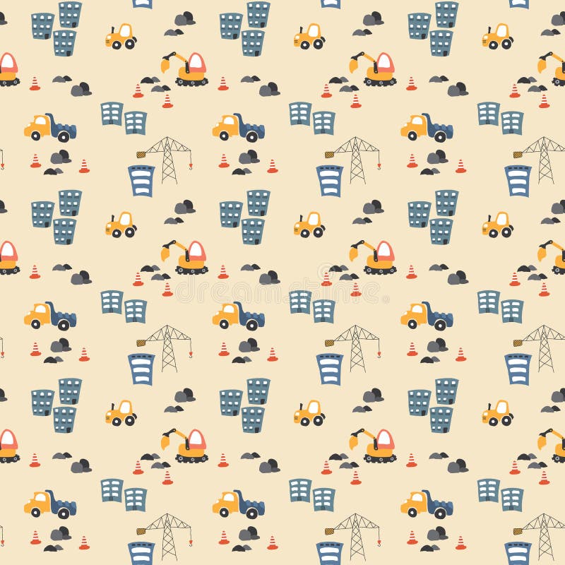 Cute Construction Site Seamless Pattern, Cartoon Building Area ...