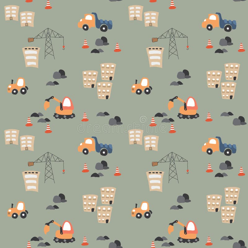 Cute Construction Site Seamless Pattern, Cartoon Building Area ...
