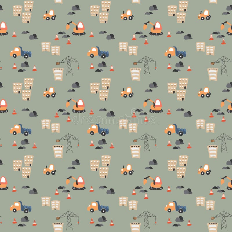 Cute Construction Site Seamless Pattern, Cartoon Building Area ...