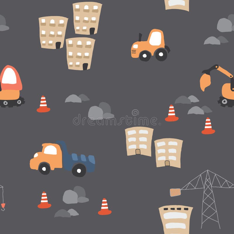 Cute Construction Site Seamless Pattern, Cartoon Building Area ...