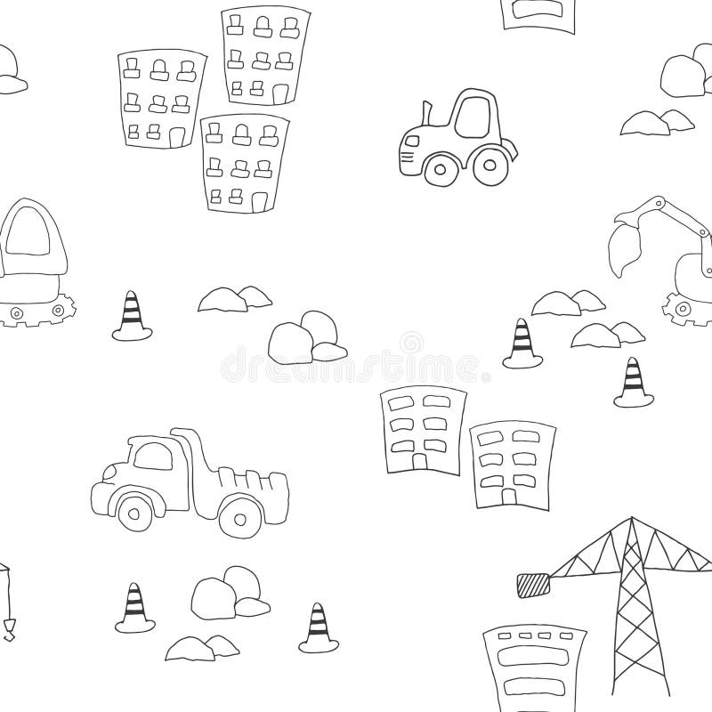 Cute Construction Site Seamless Pattern, Cartoon Building Area ...