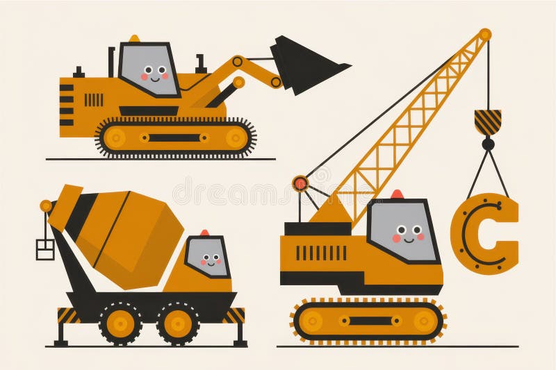 Cute Construction Vehicles Collection with Smiling Faces for Kids ...