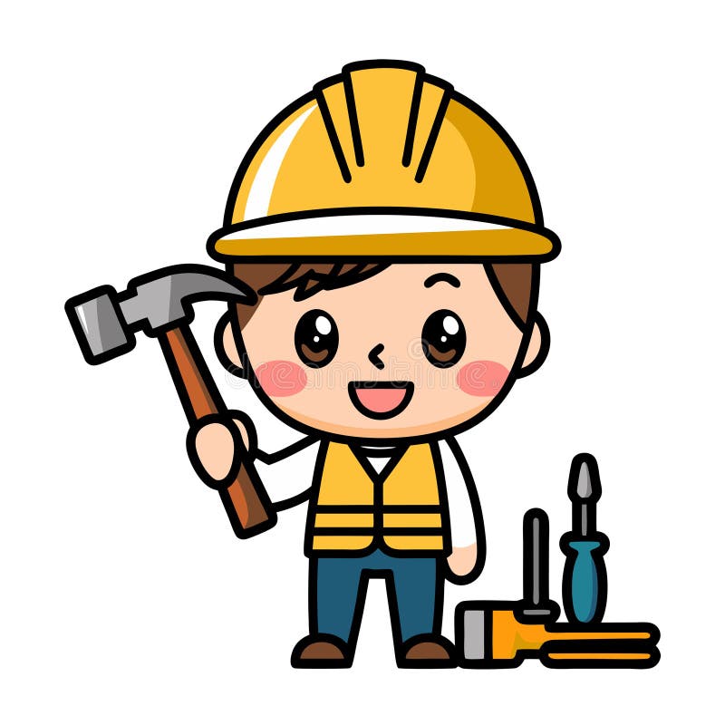 Cute Construction Worker Holding Hammer Vector for Educational and ...