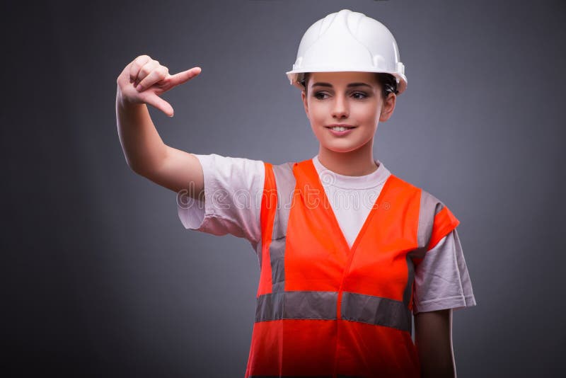The Cute Construction Worker Pressing Virtual Buttons Stock Photo ...