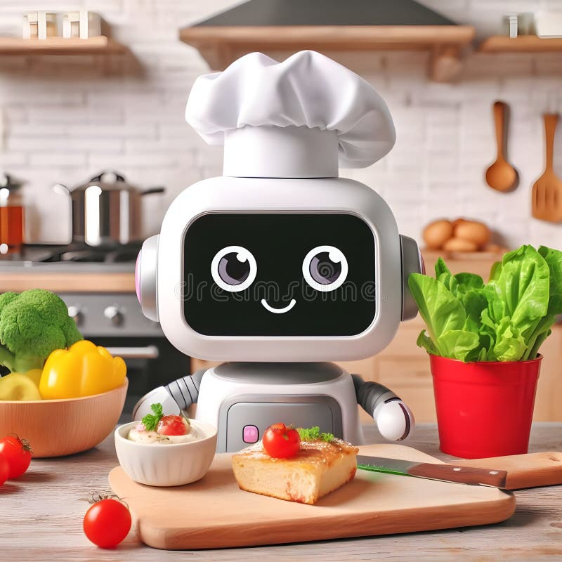 Cute Cook Robot Cooking in the Kitchen. Stock Illustration ...