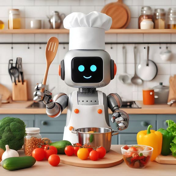 Cute Cook Robot Cooking in the Kitchen. Stock Illustration ...