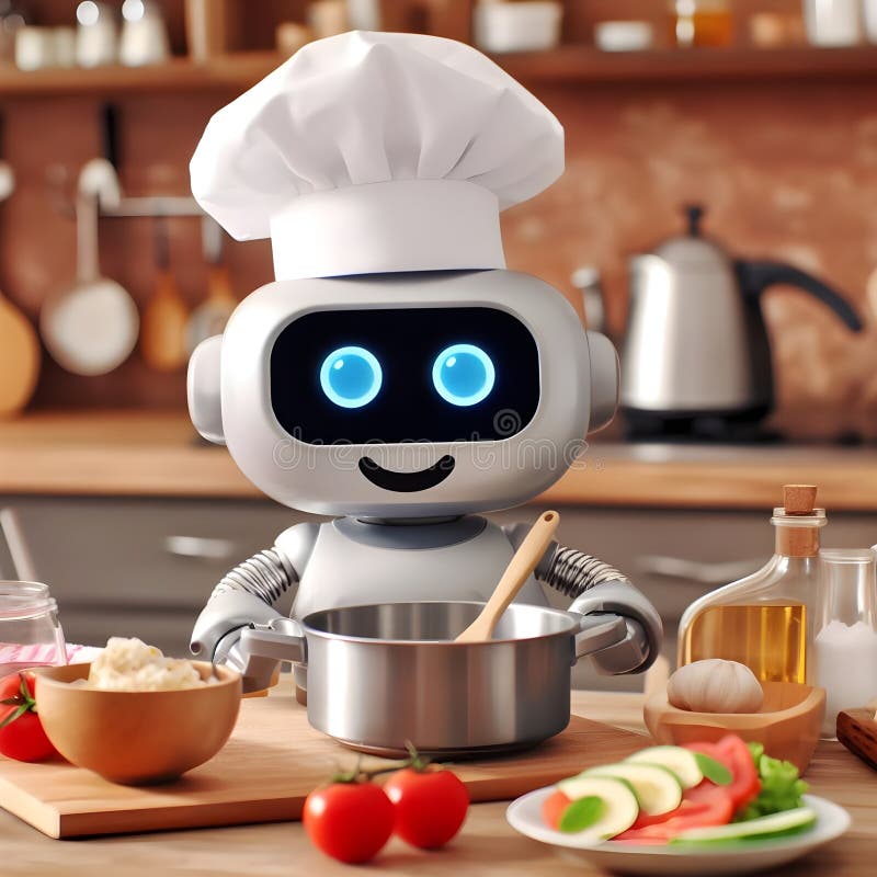 Cute Cook Robot Cooking in the Kitchen. Stock Illustration ...