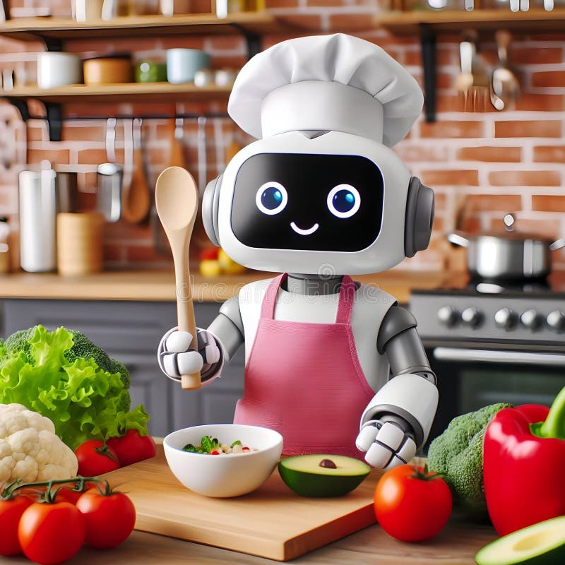 Cute Cook Robot Cooking in the Kitchen. Stock Illustration ...