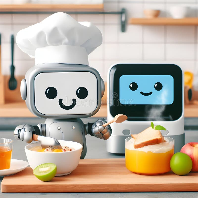 Cute Cook Robot Cooking in the Kitchen. Stock Illustration ...