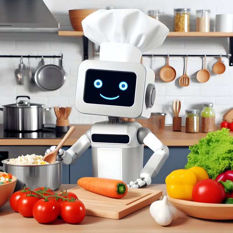 Cute Cook Robot Cooking in the Kitchen. Stock Illustration ...