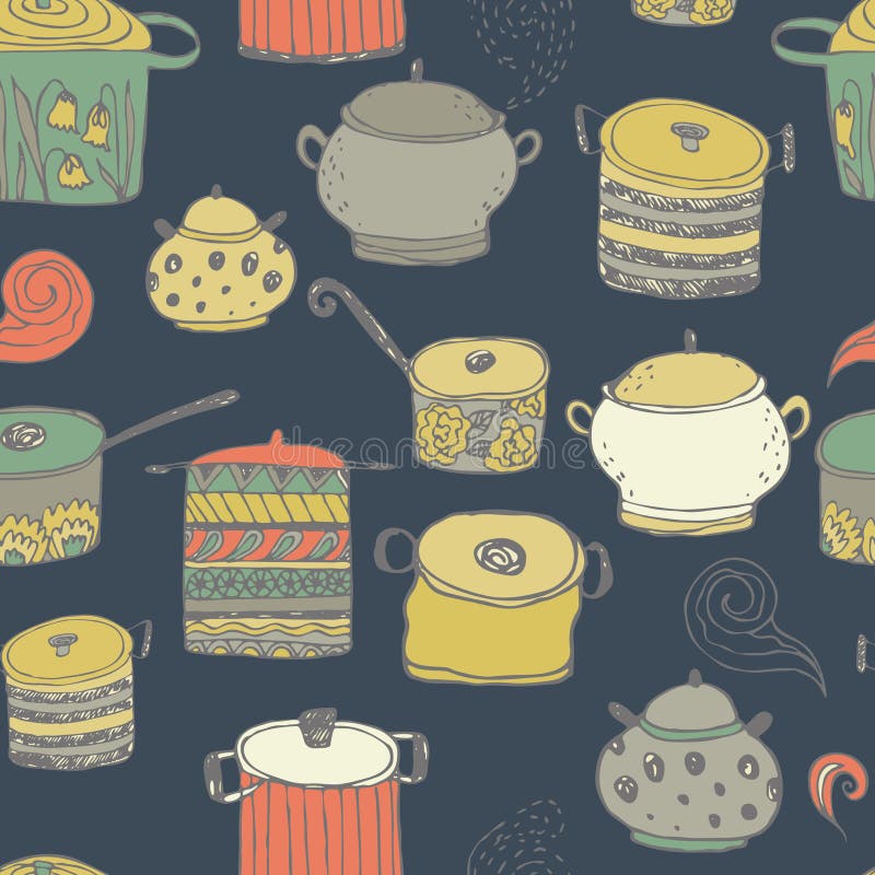Cute Cooking Pots and Lettering. Seamless Pattern Stock Illustration ...