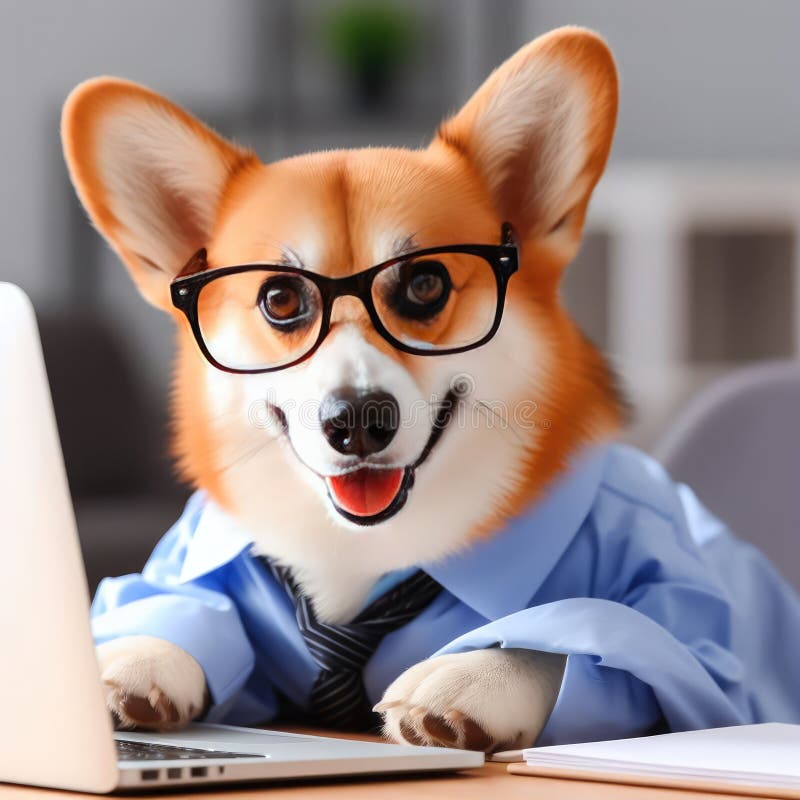 Cute Corgi Dog Looking into Computer Laptop Working in Glasses and ...