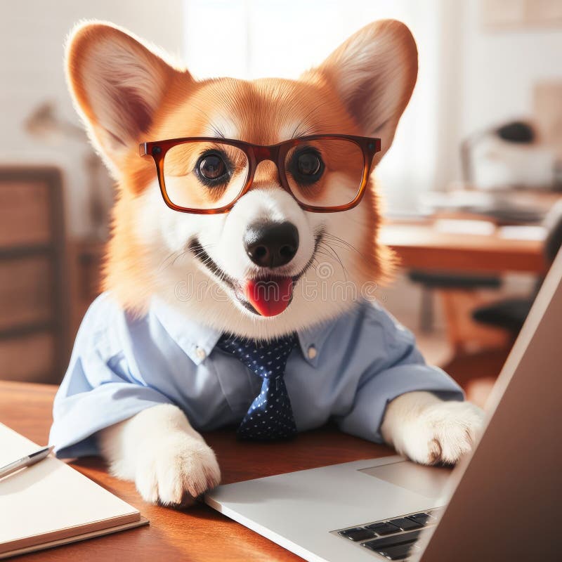 Cute Corgi Dog Looking into Computer Laptop Working in Glasses and ...