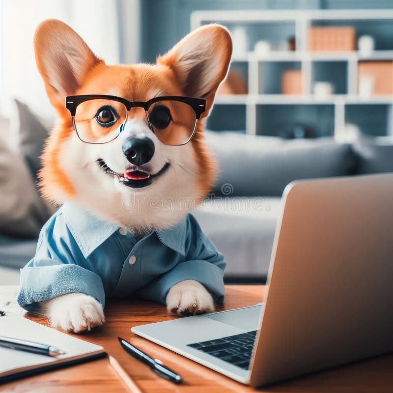 Cute Corgi Dog Looking into Computer Laptop Working in Glasses and ...