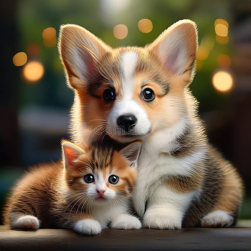 A Cute Corgi Puppy and a Kitten Cuddle Together Stock Illustration ...