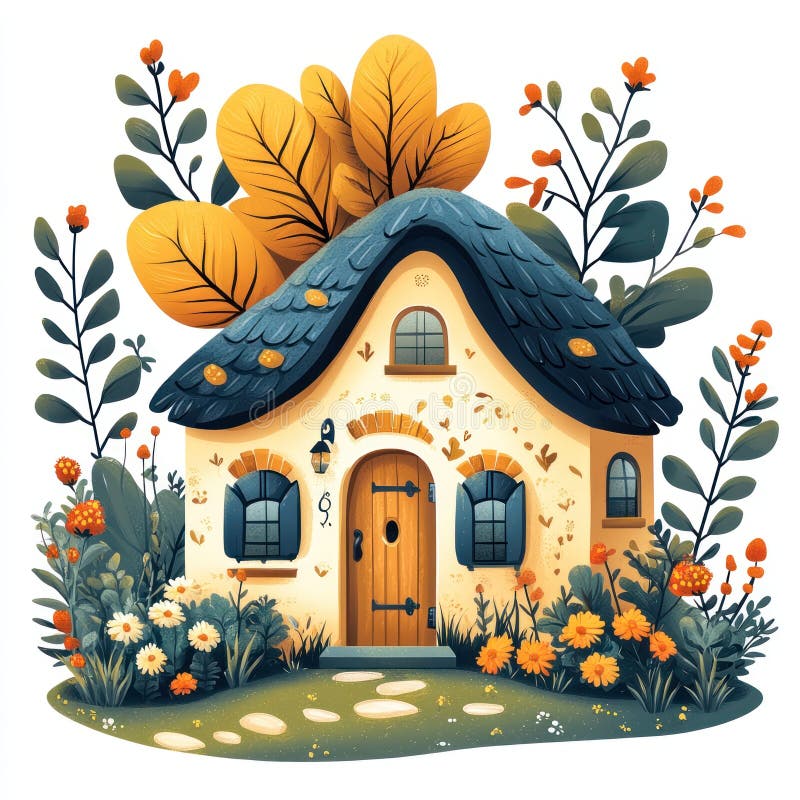 Cute Cottage Illustration with Flowers and Greenery Stock Illustration ...