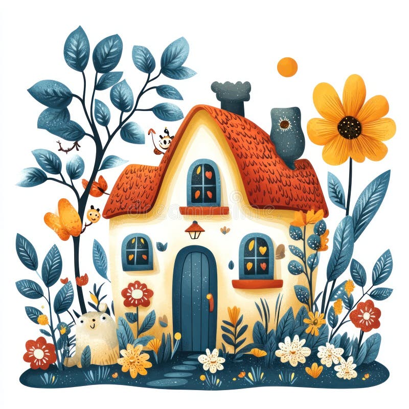 Cute Cottage Illustration with Flowers and Leaves Stock Illustration ...