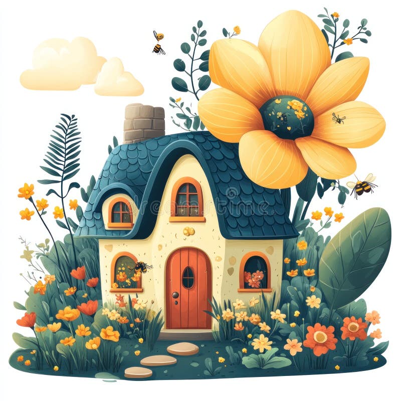 Cute Cottage Illustration with Giant Flower and Bees Stock Illustration ...