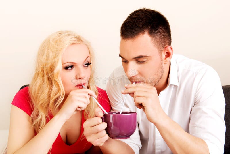 Cute Couple Drinking from One Cup Stock Image - Image of date, bear ...