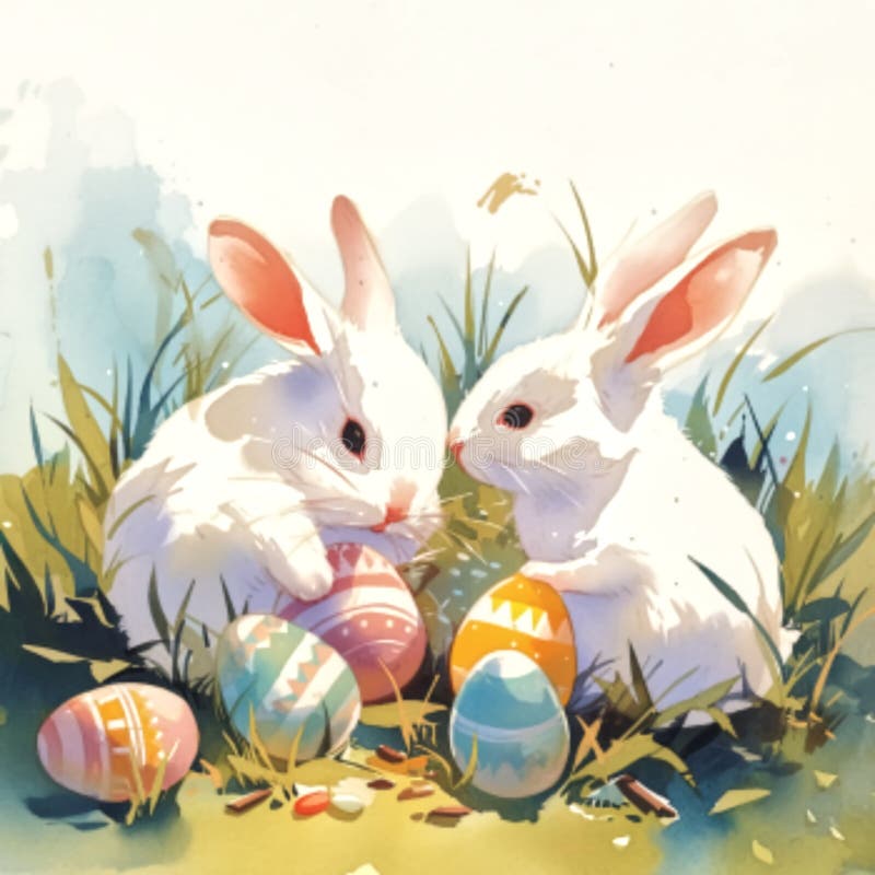 Cute Couple Easter Rabbit Eating Chocolate Easter on the Grass Stock ...