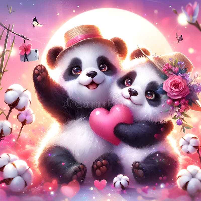 A Cute Couple Fluffy Panda Hugging A Heart In Love With Cotton Flower