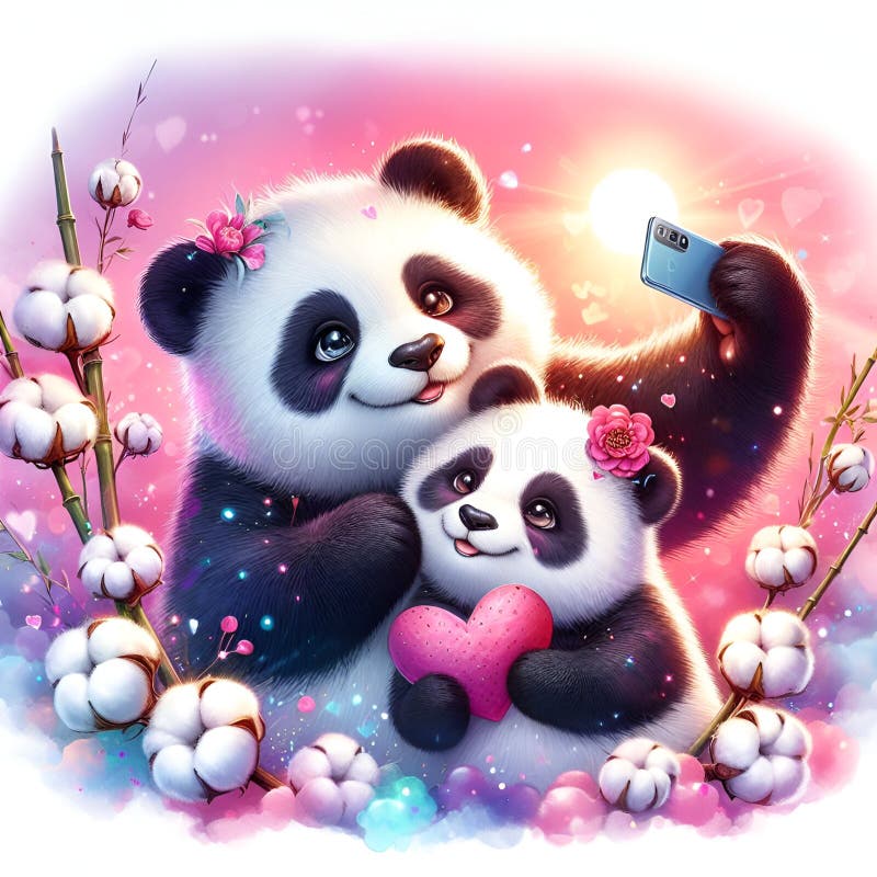 A Cute Couple Of Fluffy Panda Hugging A Heart Taking A Shoot Selfie