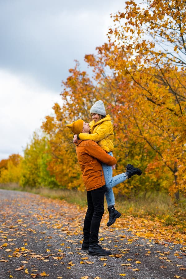 Cute Couple Having Fun in Autumn Forest or Park Stock Image - Image of ...