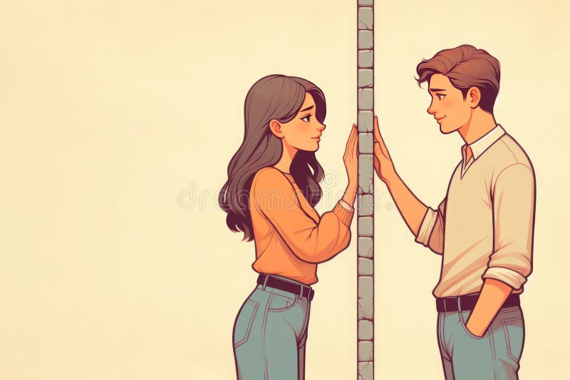 A Cute Couple in Love Separated by a Wall. Space for Text. Stock ...