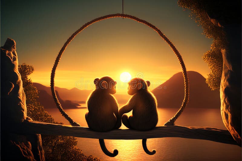 A Cute Couple of Monkeys Sit on a Fence Against the Backdrop of the ...