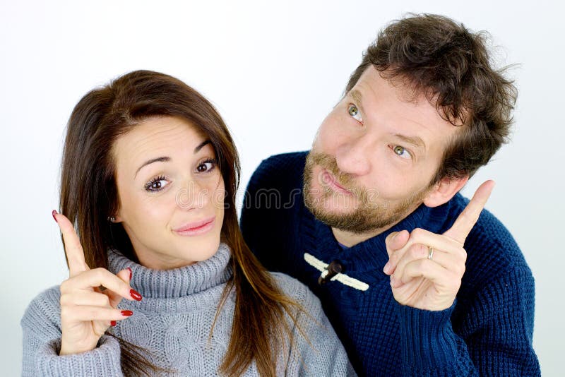 Cute Couple Pointing Finger Copy Space Stock Image - Image of finger ...