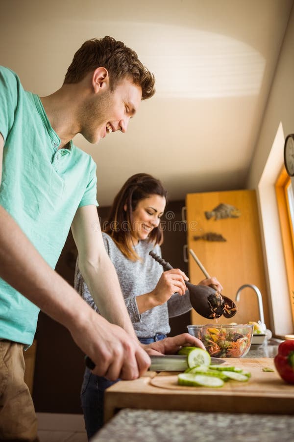 Cute Couple Preparing Food Together Stock Image - Image of domicile ...