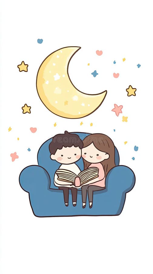 Cute Couple Reading Book Night Moon Stars Stock Illustration ...