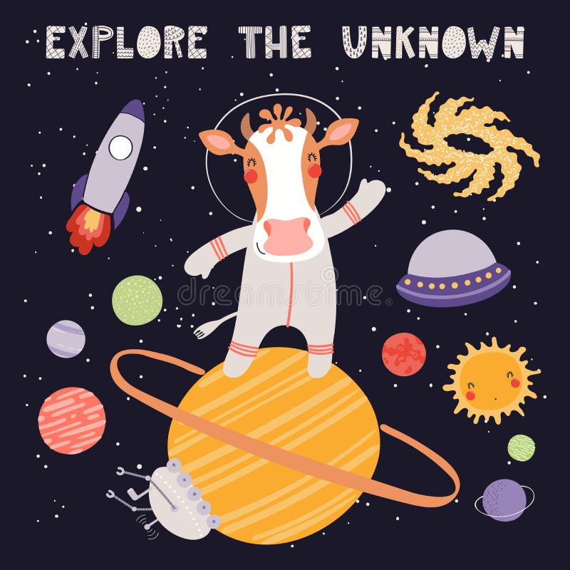 Cute cow astronaut stock vector. Illustration of galaxy - 145303085