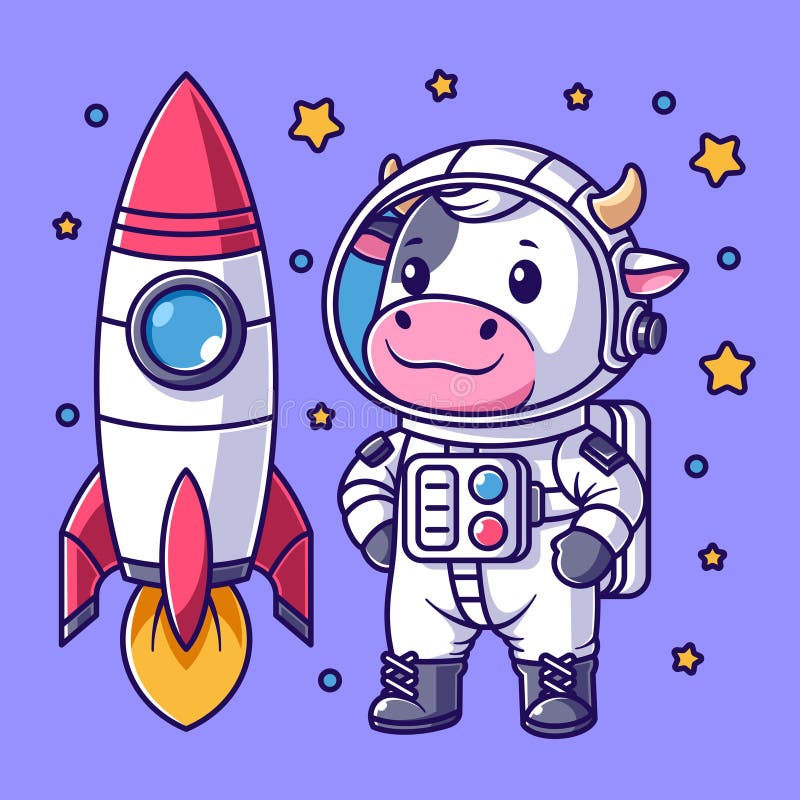 Cute Cow Becomes an Astronaut with a Rocket Stock Vector - Illustration ...