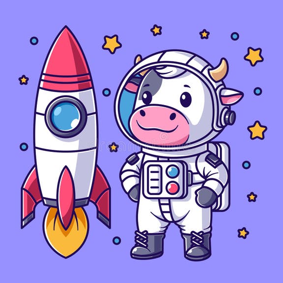 Cute Cow Becomes an Astronaut with a Rocket Stock Vector - Illustration ...