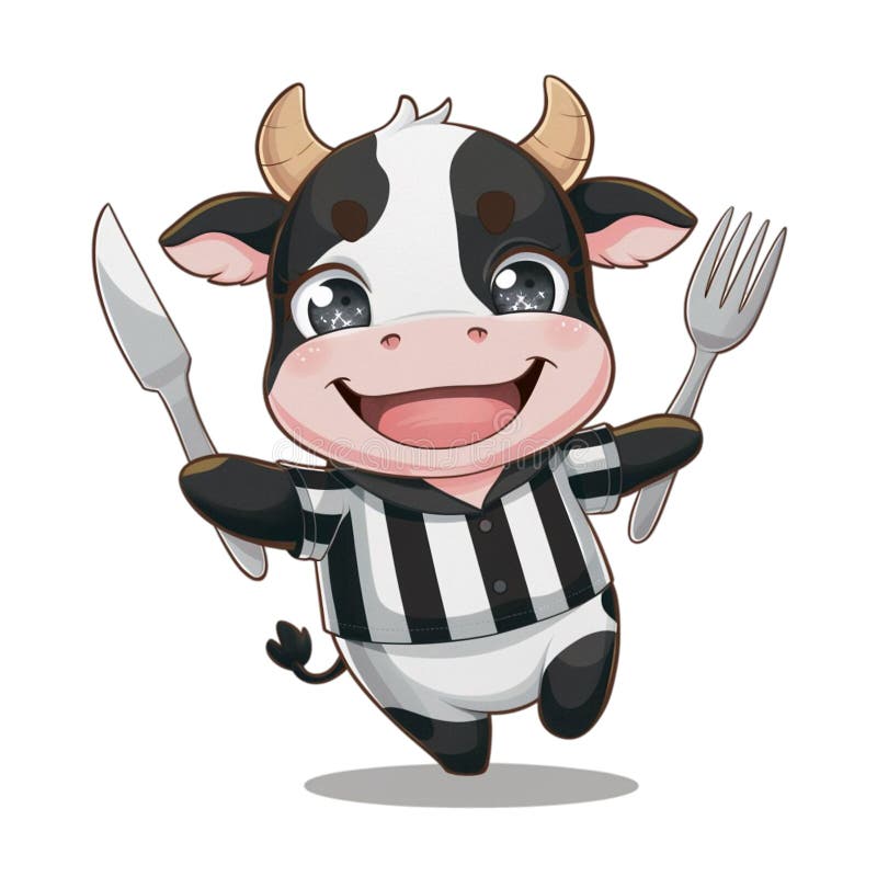 Cow in Black and White Shirt with Knife and Fork Stock Photo ...