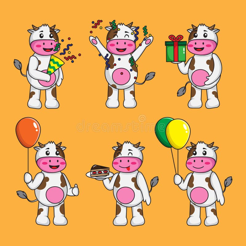 Cute Cow Cartoon Celebrating Birthday in Different Expression Stock ...
