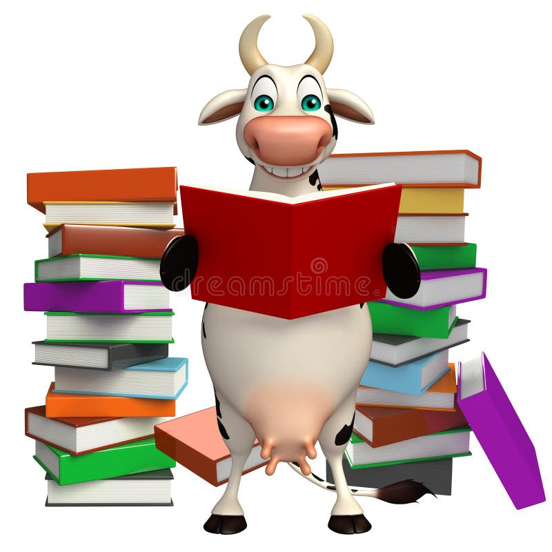 Cute Cow Cartoon Character with Book Stack Stock Illustration ...