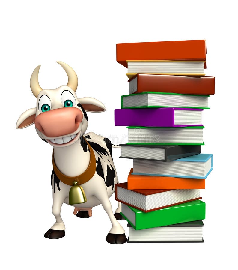 Cute Cow Cartoon Character with Book Stack Stock Illustration ...