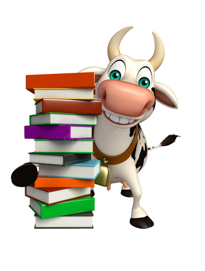 Cute Cow Cartoon Character with Book Stack Stock Illustration ...