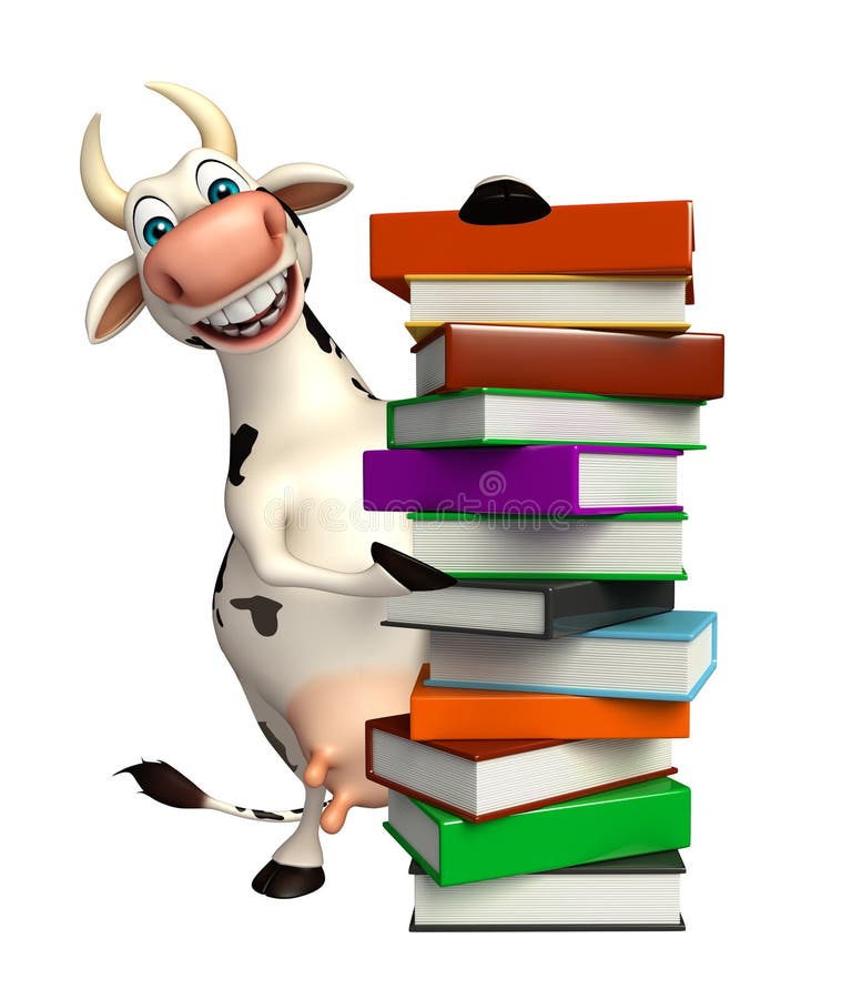 Cute Cow Cartoon Character with Book Stack Stock Illustration ...
