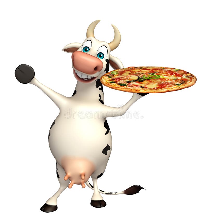 Cute Cow Cartoon Character with Pizza Stock Illustration - Illustration ...