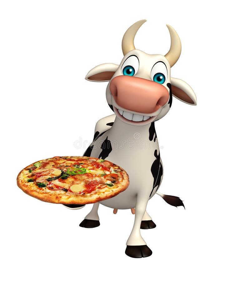 Cute Cow Cartoon Character with Pizza Stock Illustration - Illustration ...