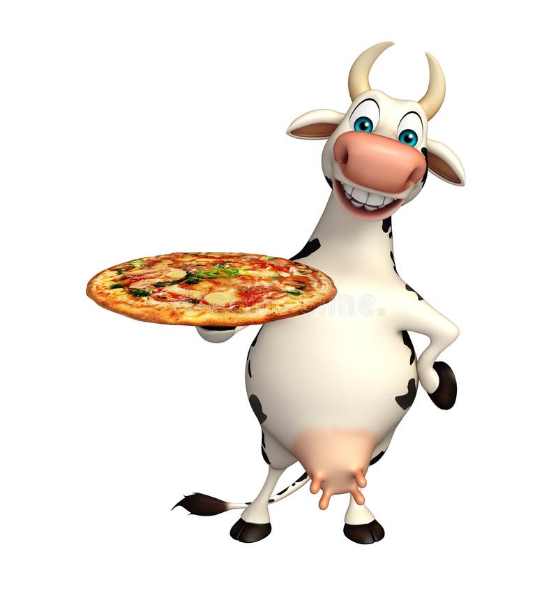 Cute Cow Cartoon Character with Pizza Stock Illustration - Illustration ...