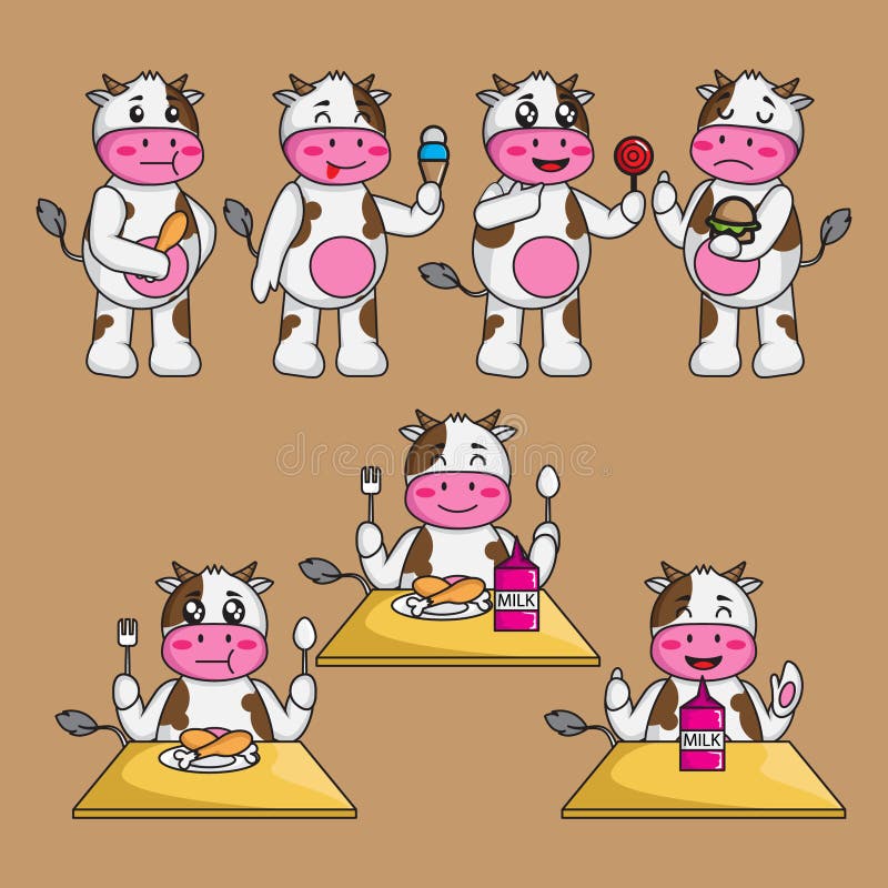 Cute Cow Cartoon in Different Eating Food Stock Illustration ...